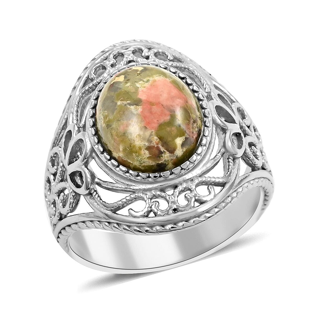 Buy Unakite Solitaire Ring in Rhodium Over Sterling Silver (Size 7.0) 5 ...