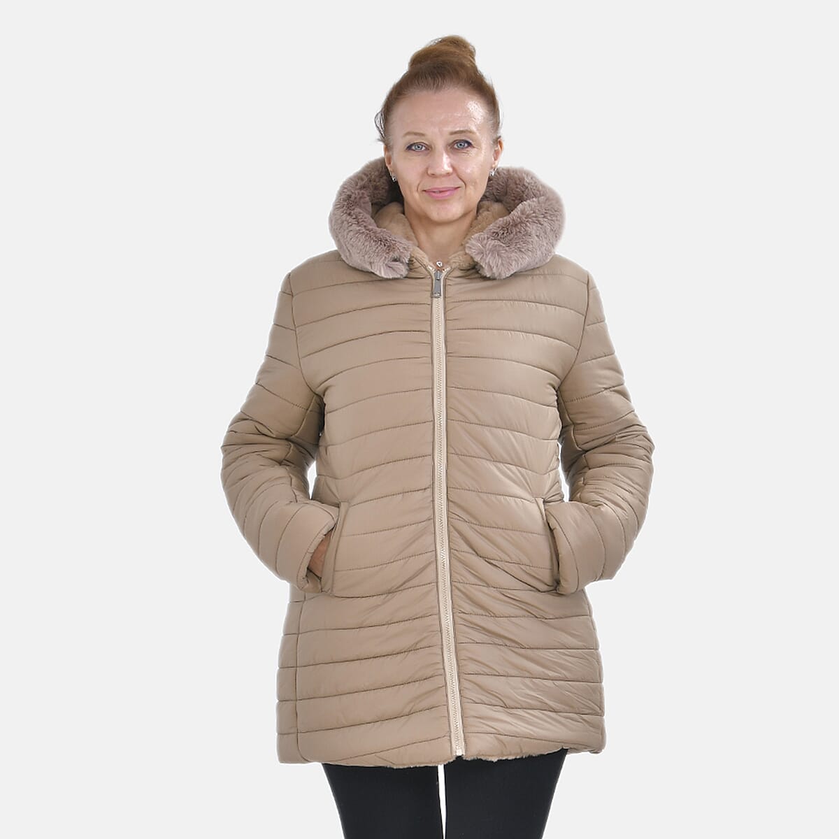 Buy Tamsy Beige Reversible Faux Fur and Puffer Jacket with Hood - XXL ...