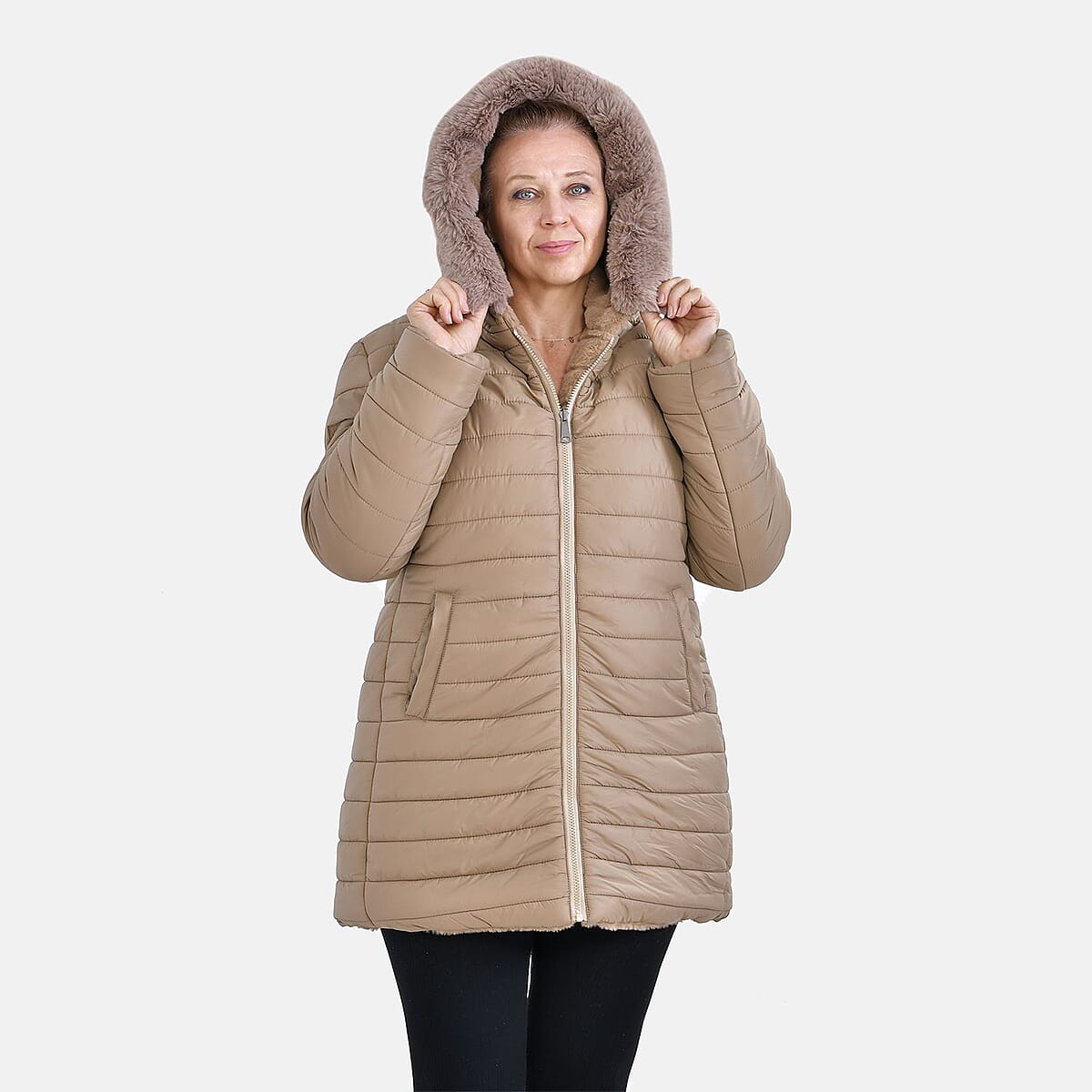 Buy Tamsy Beige Reversible Faux Fur and Puffer Jacket with Hood - XXL ...