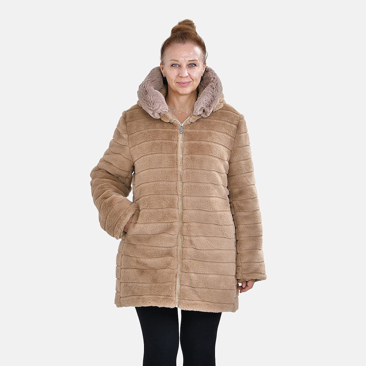 Buy Tamsy Beige Reversible Faux Fur and Puffer Jacket with Hood - XXL ...