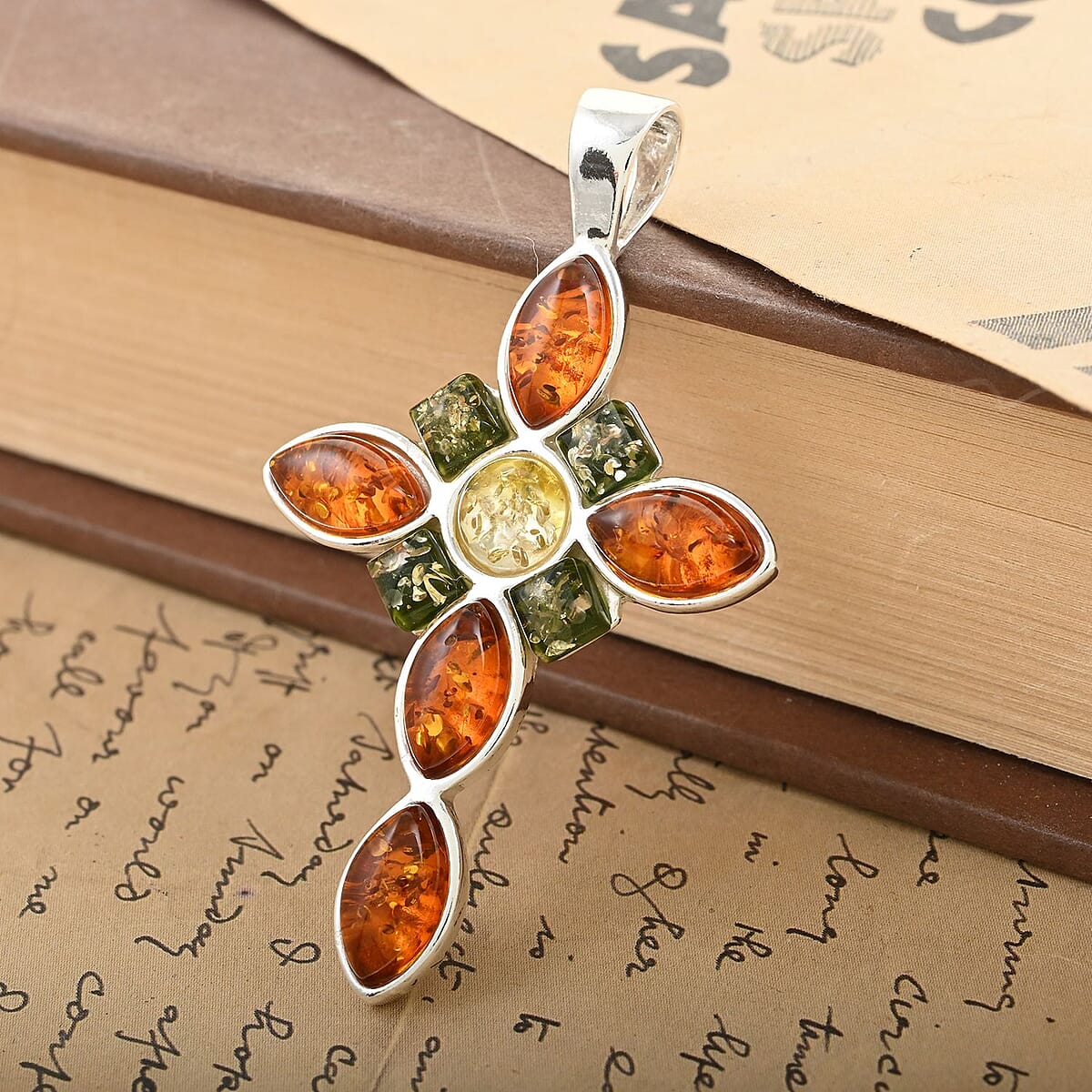 Buy Multi Color Amber Cross Pendant in Sterling Silver at ShopLC.
