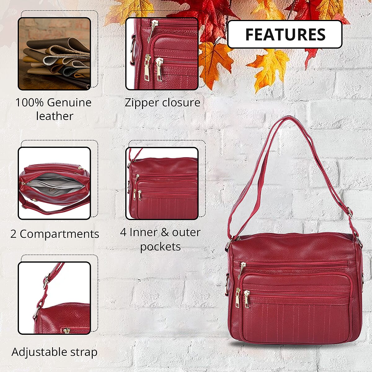 Buy Red Color Multi Pocket Genuine Leather Crossbody Bag with Shoulder ...