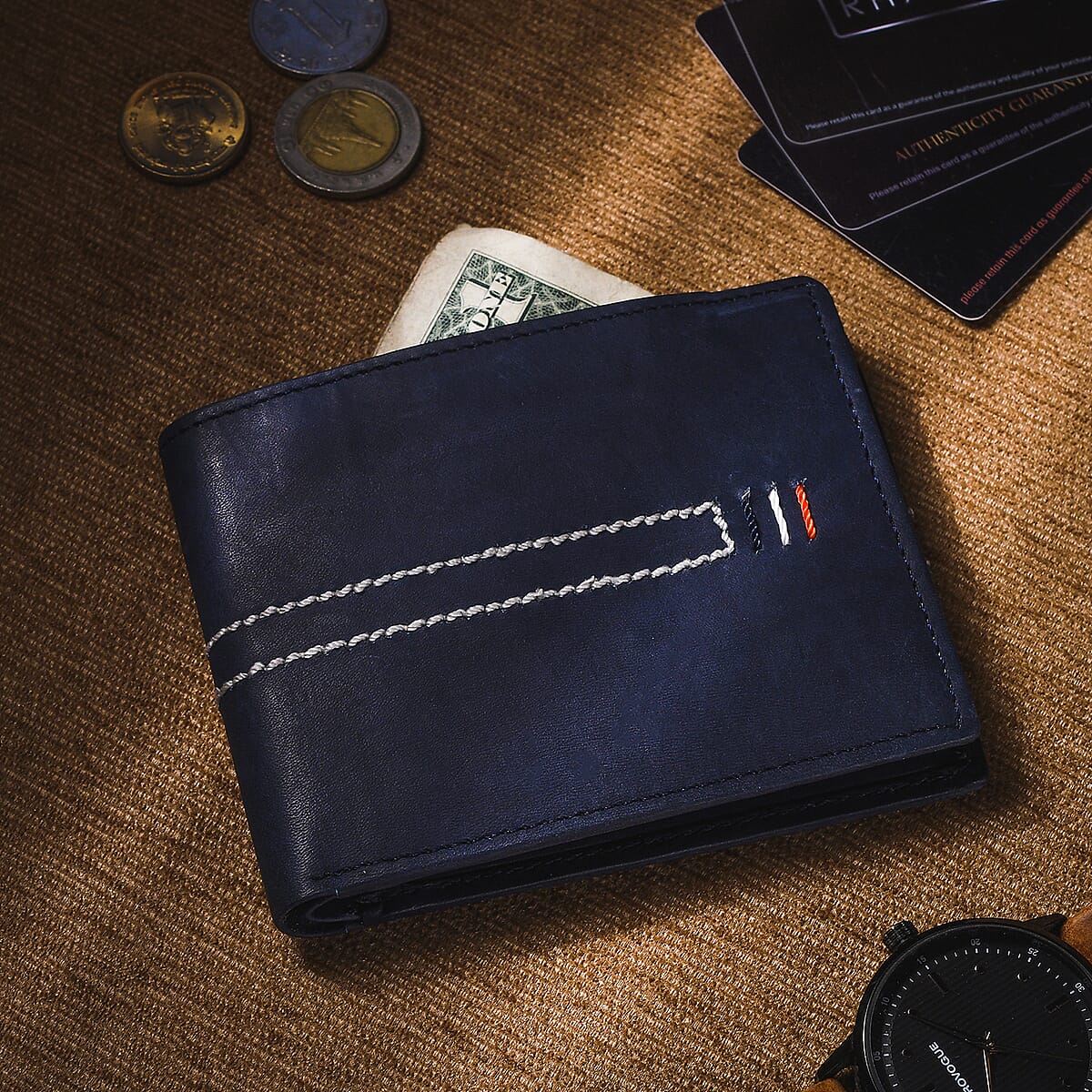 Buy Passage Navy Genuine Leather RFID Bi-Fold Men's Wallet at ShopLC.