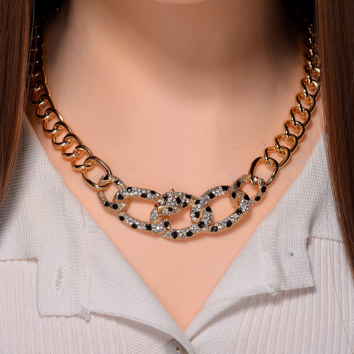 Black and White Austrian Crystal and Enameled Cuban Link Chain Necklace in Goldtone 20 22 Inches Shop LC