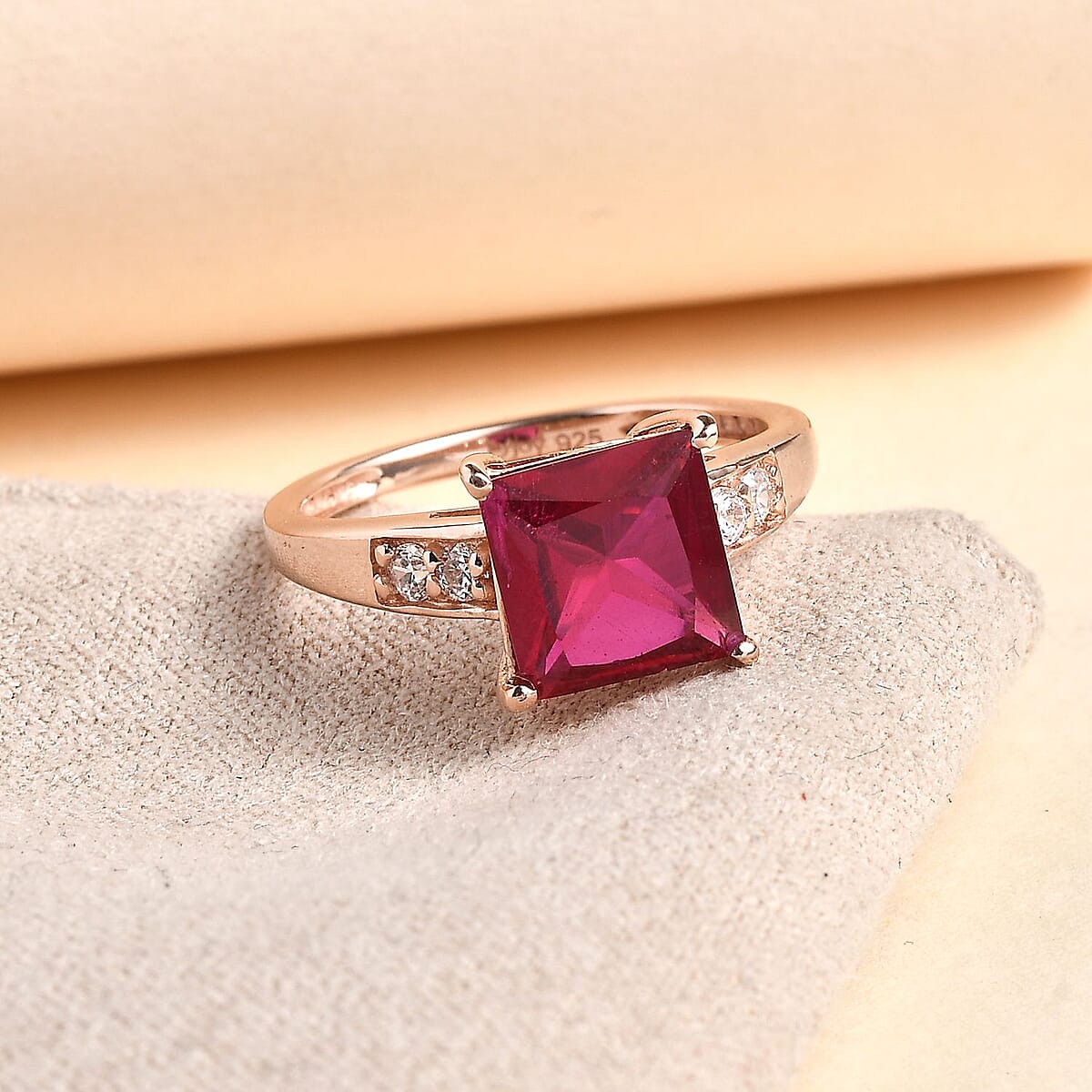 Buy Simulated Red and White Diamond Ring in 14K RG Over Sterling Silver ...