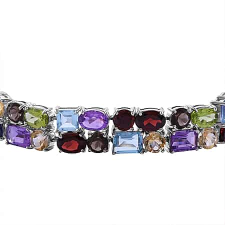 Buy Multi Gemstone 2 Row Bracelet in Platinum Over Sterling Silver (7. ...
