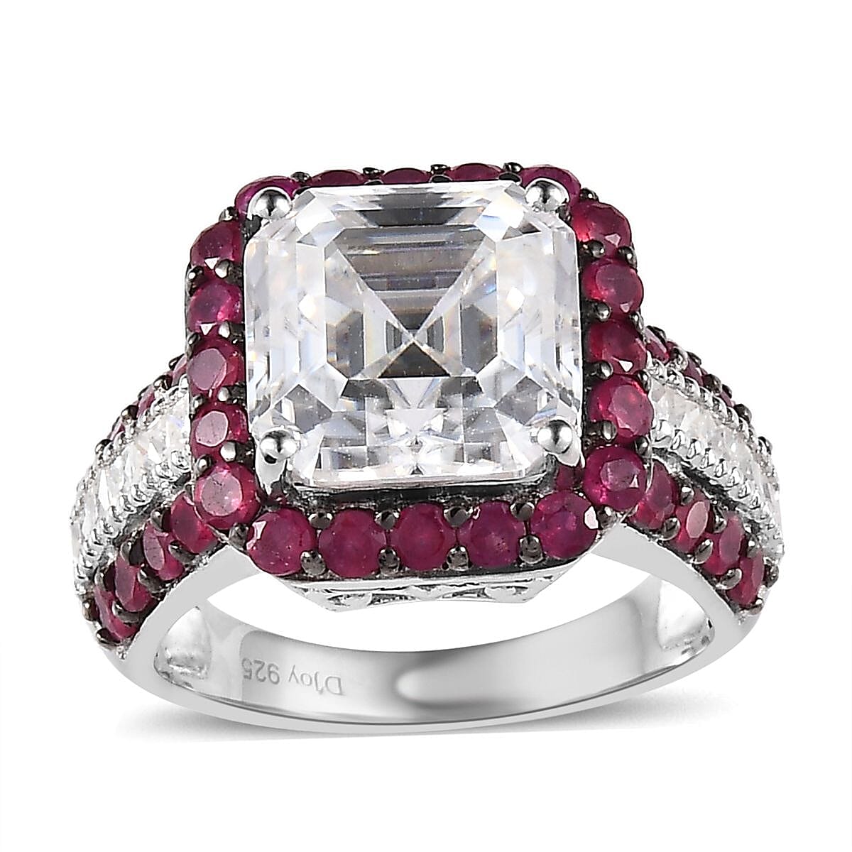Buy Asscher Cut Moissanite and Ruby Ring in Platinum Over Sterling Silver (Size 7.0) 8.90 ctw at ...