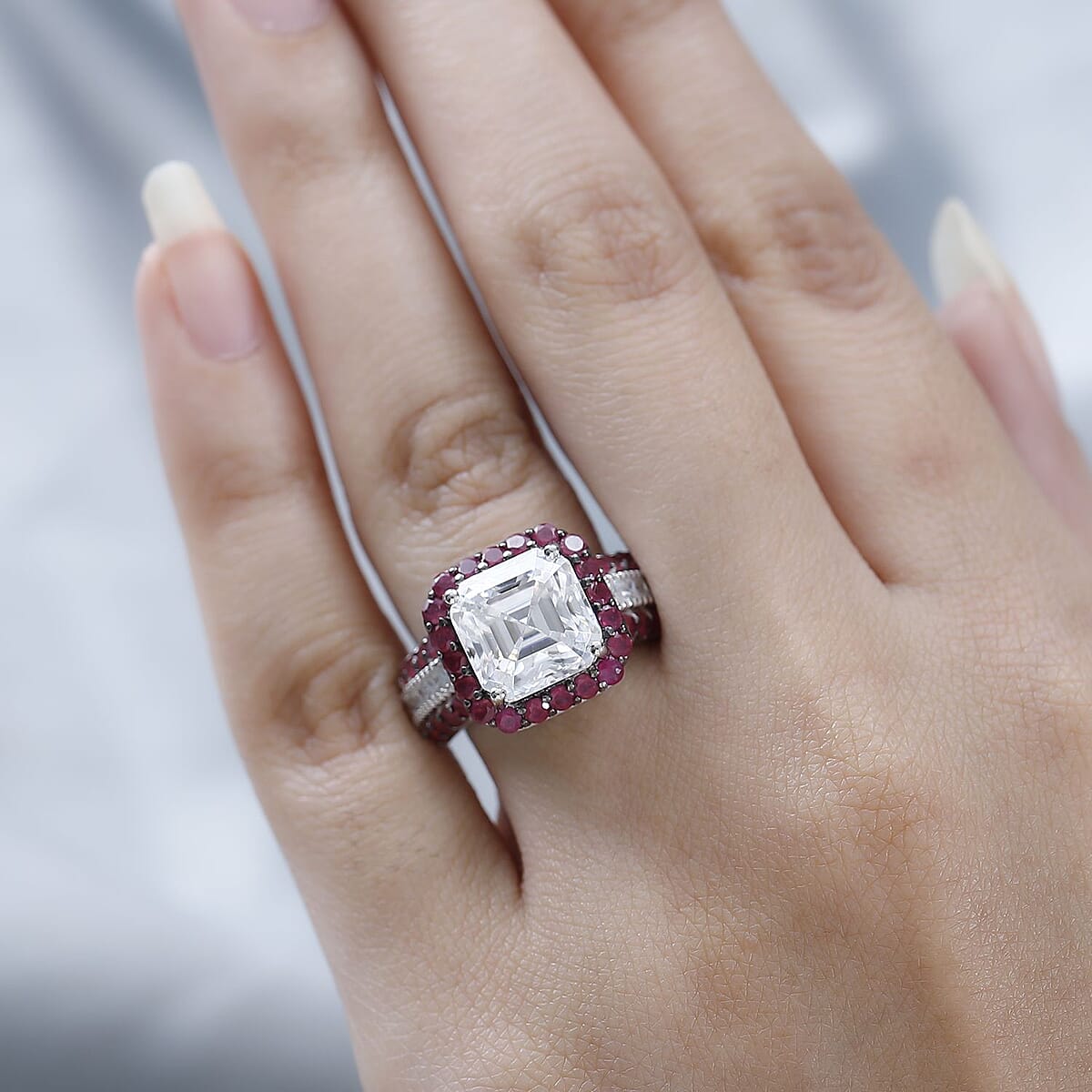 Buy Asscher Cut Moissanite and Ruby Ring in Platinum Over Sterling Silver (Size 7.0) 8.90 ctw at ...