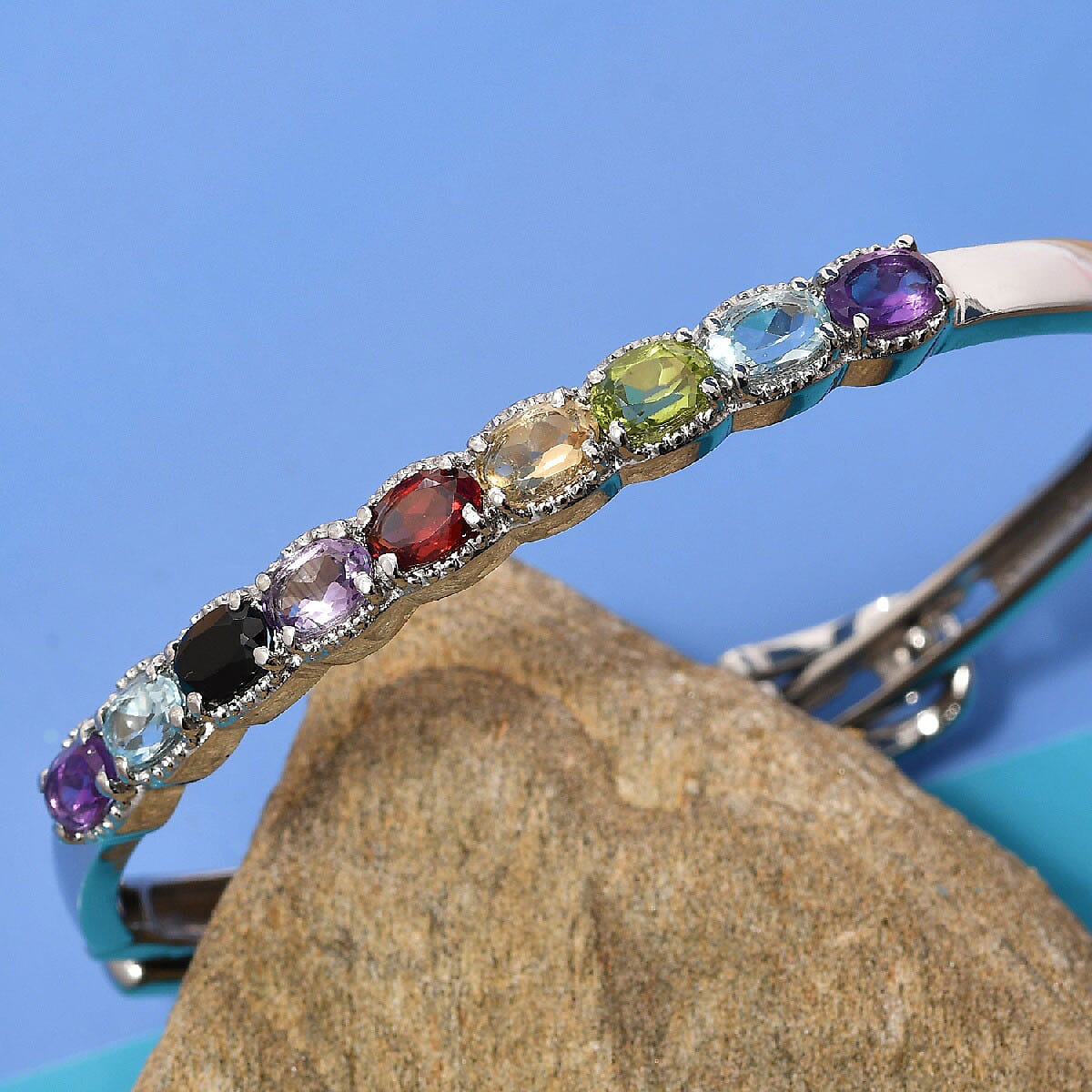 Blue Skyblue Topaz Multi Gemstone Bangle Cuff Bracelet Size 6.5" Ct 3. ...