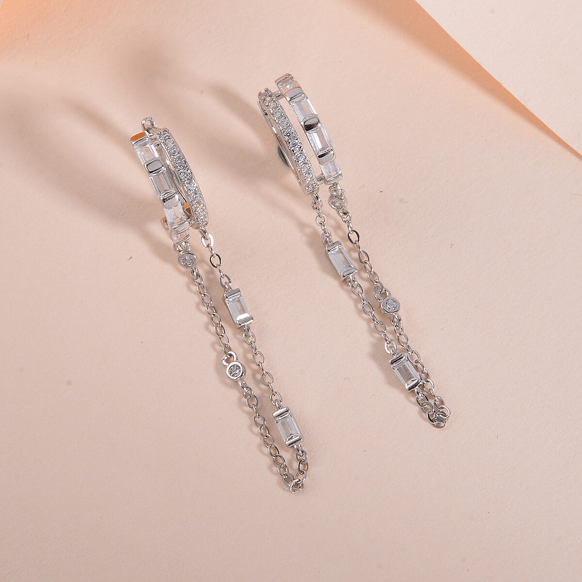 Buy Lustro Stella Finest CZ Double Row Drop Chain Earrings in Rhodium Over Sterling Silver 1.85 ...