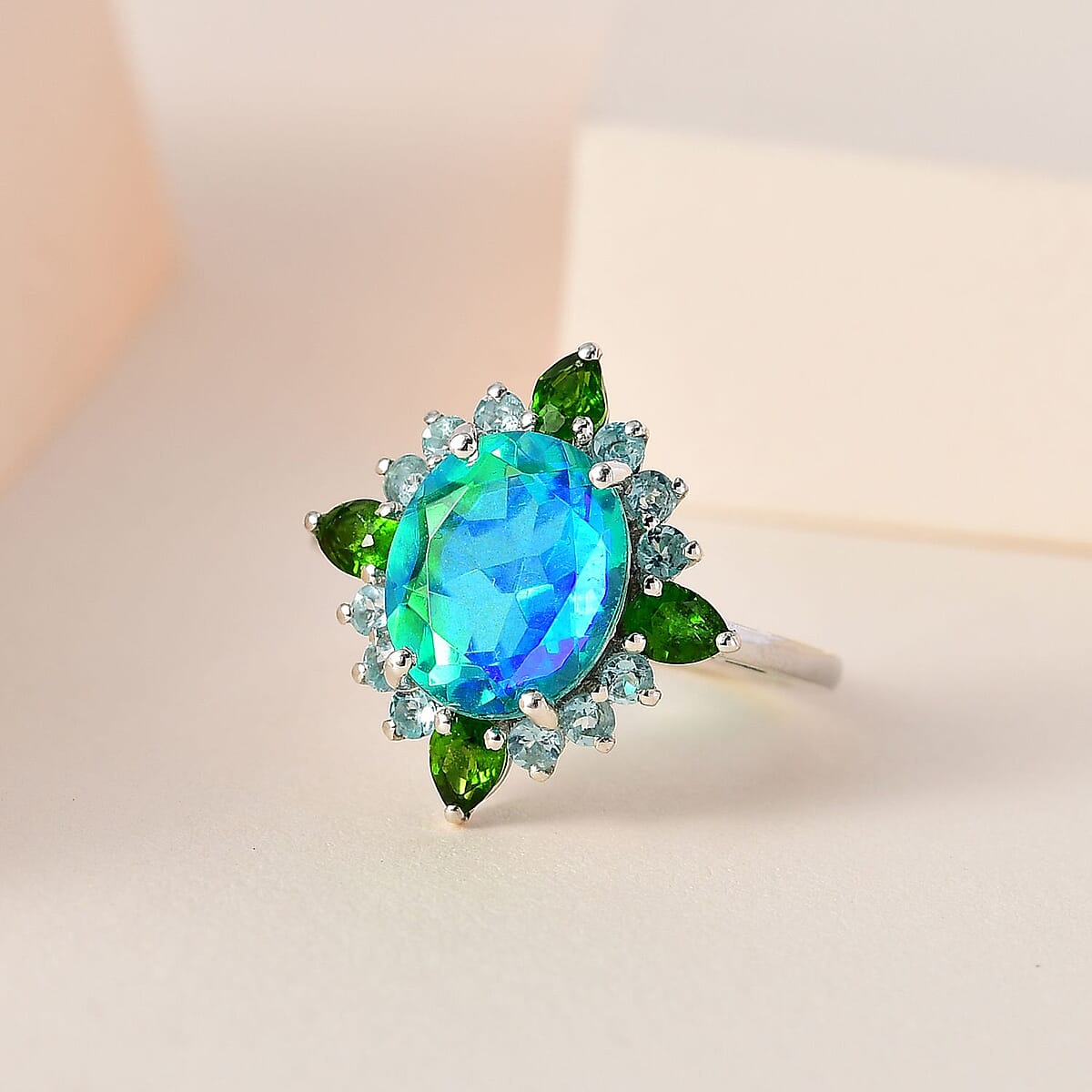 Buy Peacock Quartz (Triplet) and Multi Gemstone Ring in Platinum Over ...