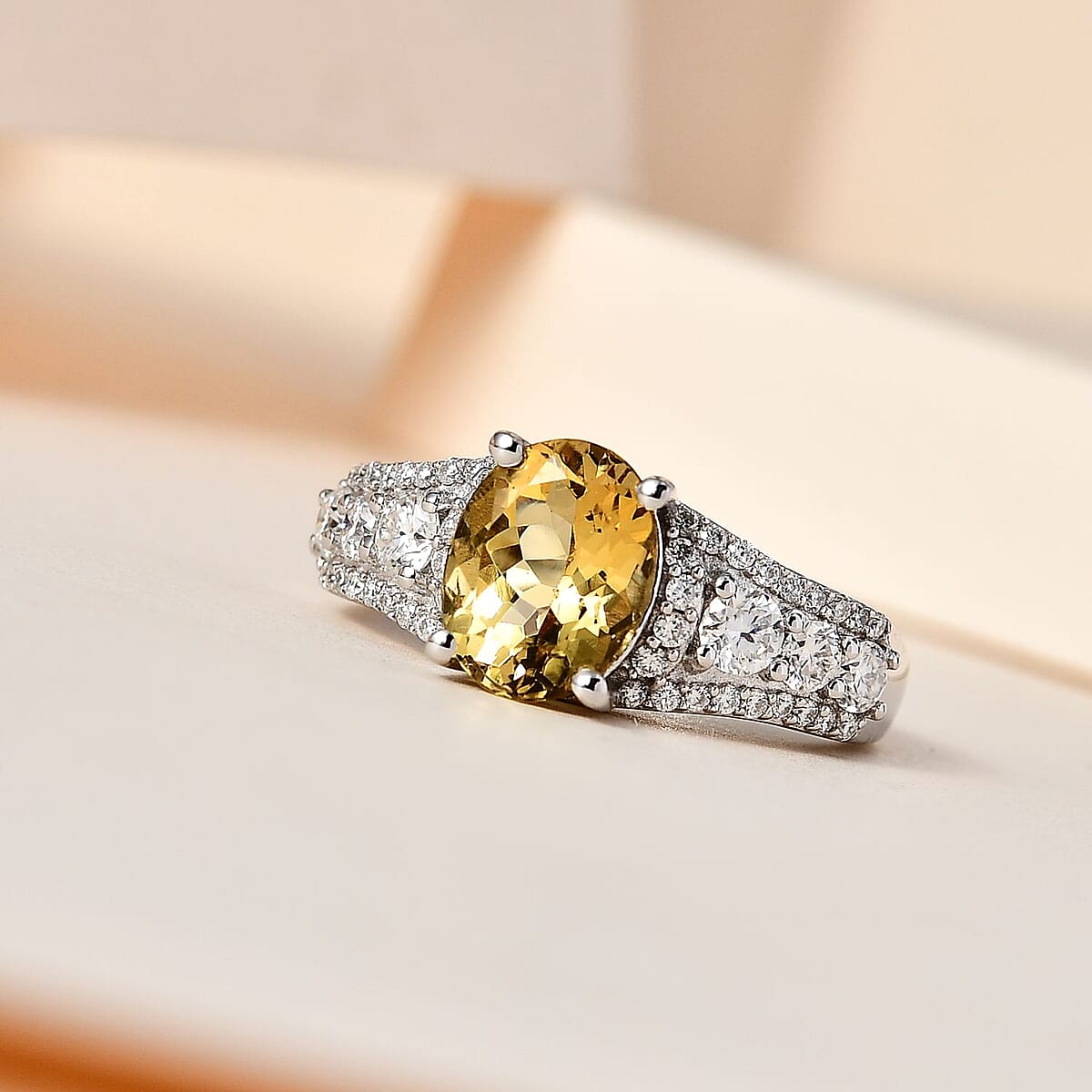 Buy Premium Brazilian Heliodor and Moissanite Ring in Platinum Over ...