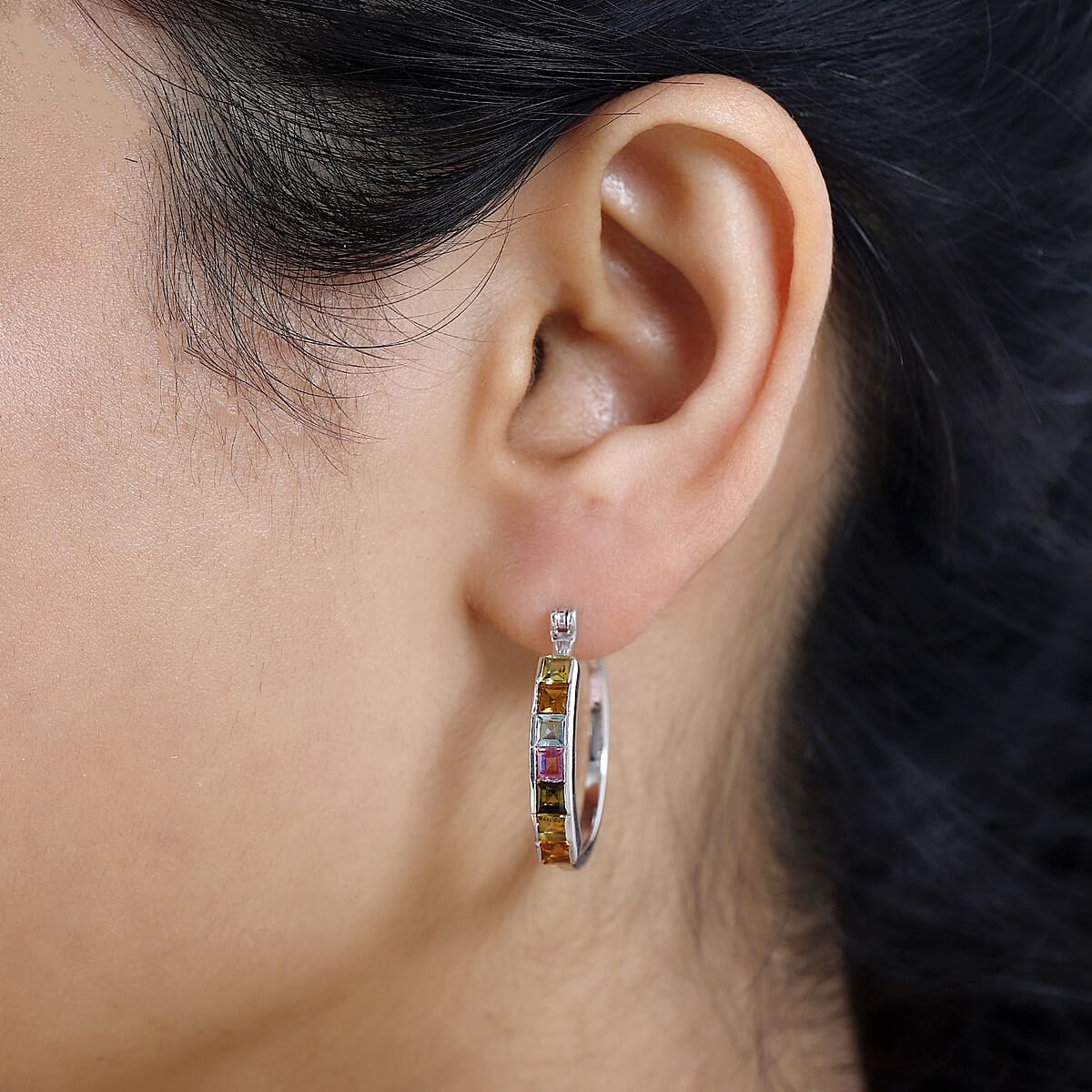 Buy Princess Cut Multi-Tourmaline Hoop Earrings in Platinum Over ...