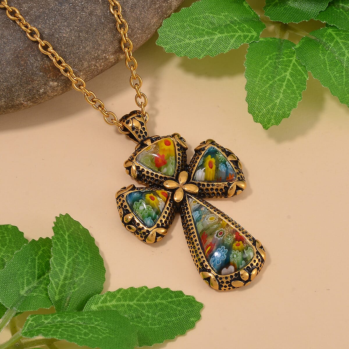 Buy Multi Color Murano Style Cross Necklace 24 Inches in ION Plated YG ...
