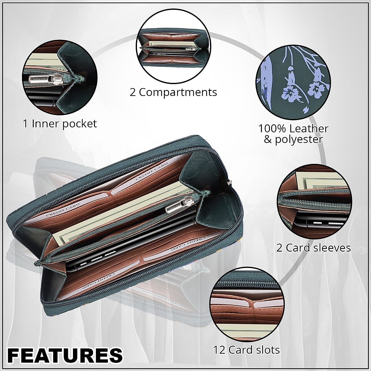 Buy Union Code Green Color Flower Print 100% Genuine Leather RFID ...