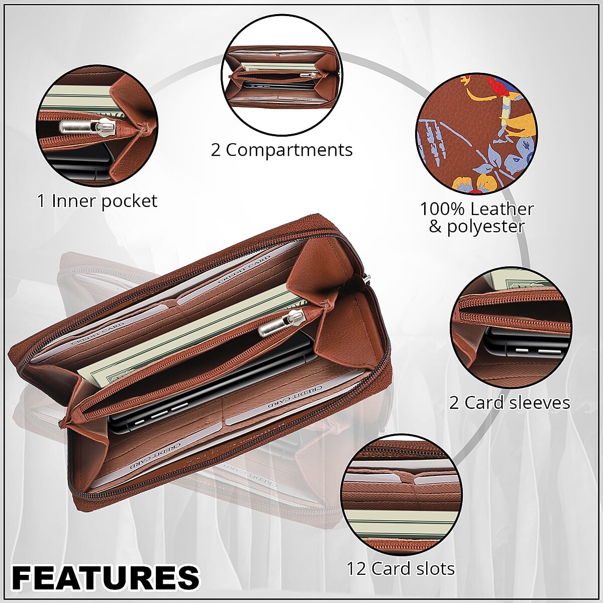 Buy Union Code Dark Cognac Color Flower Print 100% Genuine Leather RFID ...