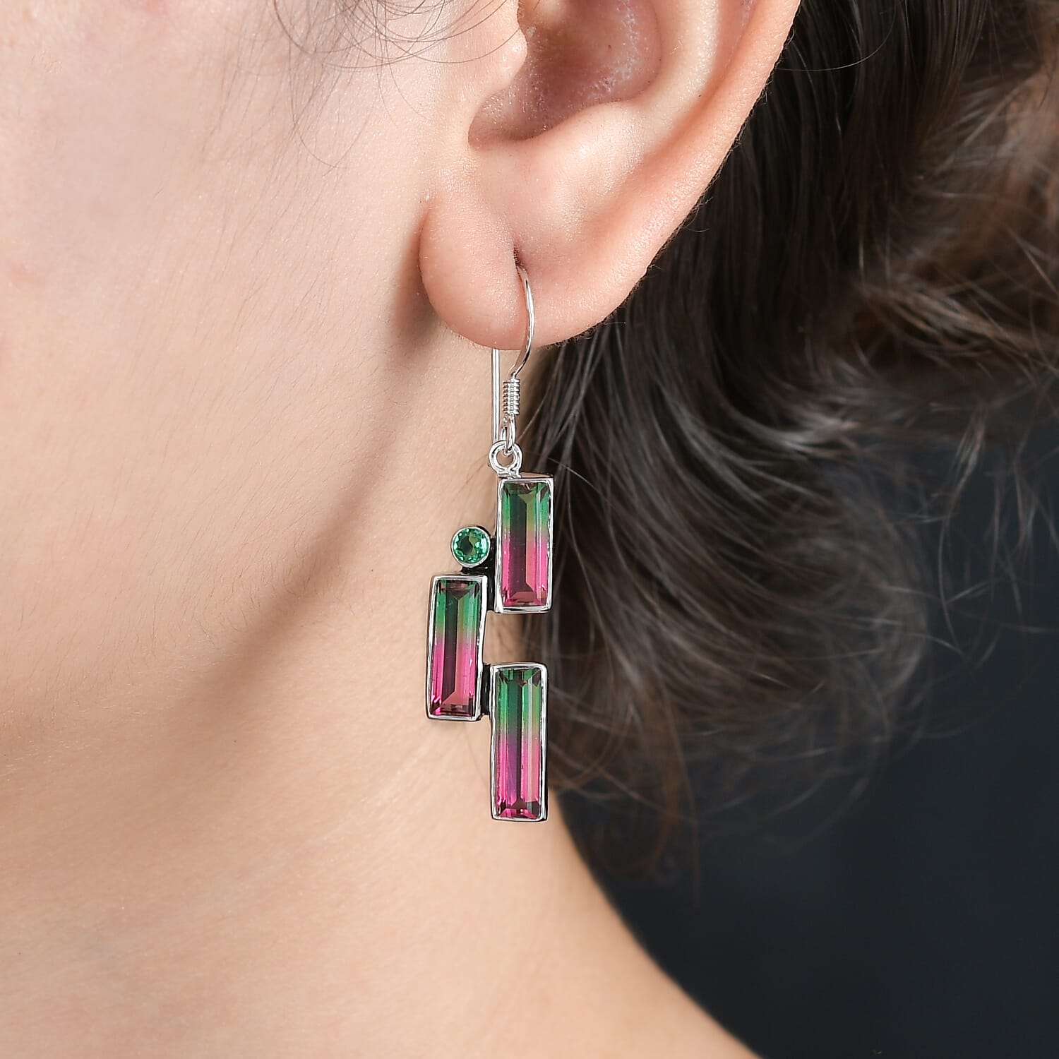 Epic Deal Sajen Silver Watermelon Quartz Triplet and Celestial Green Coated Quartz 12.50 CTW Earrings in Rhodium Over Sterling Silver Shop LC
