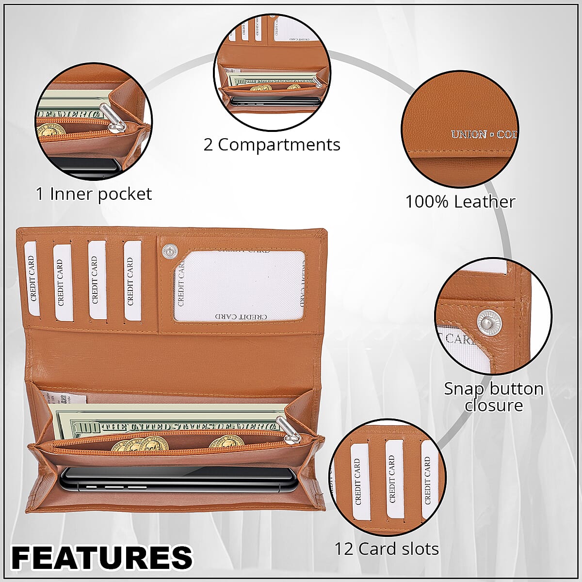 Buy Union Code Tan Genuine Leather RFID Women's Wallet at ShopLC.