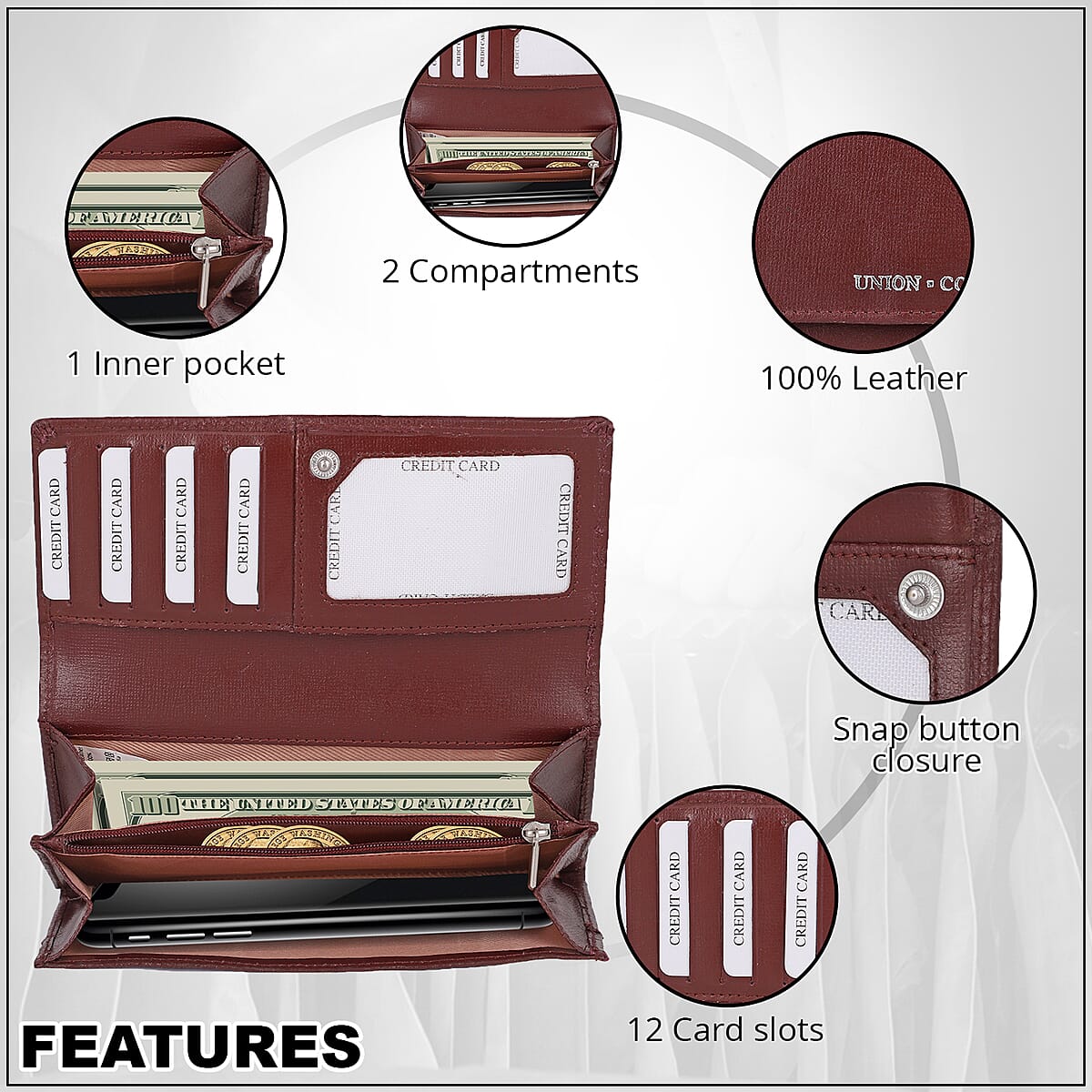 Buy Union Code Wine Genuine Leather RFID Women's Wallet at ShopLC.