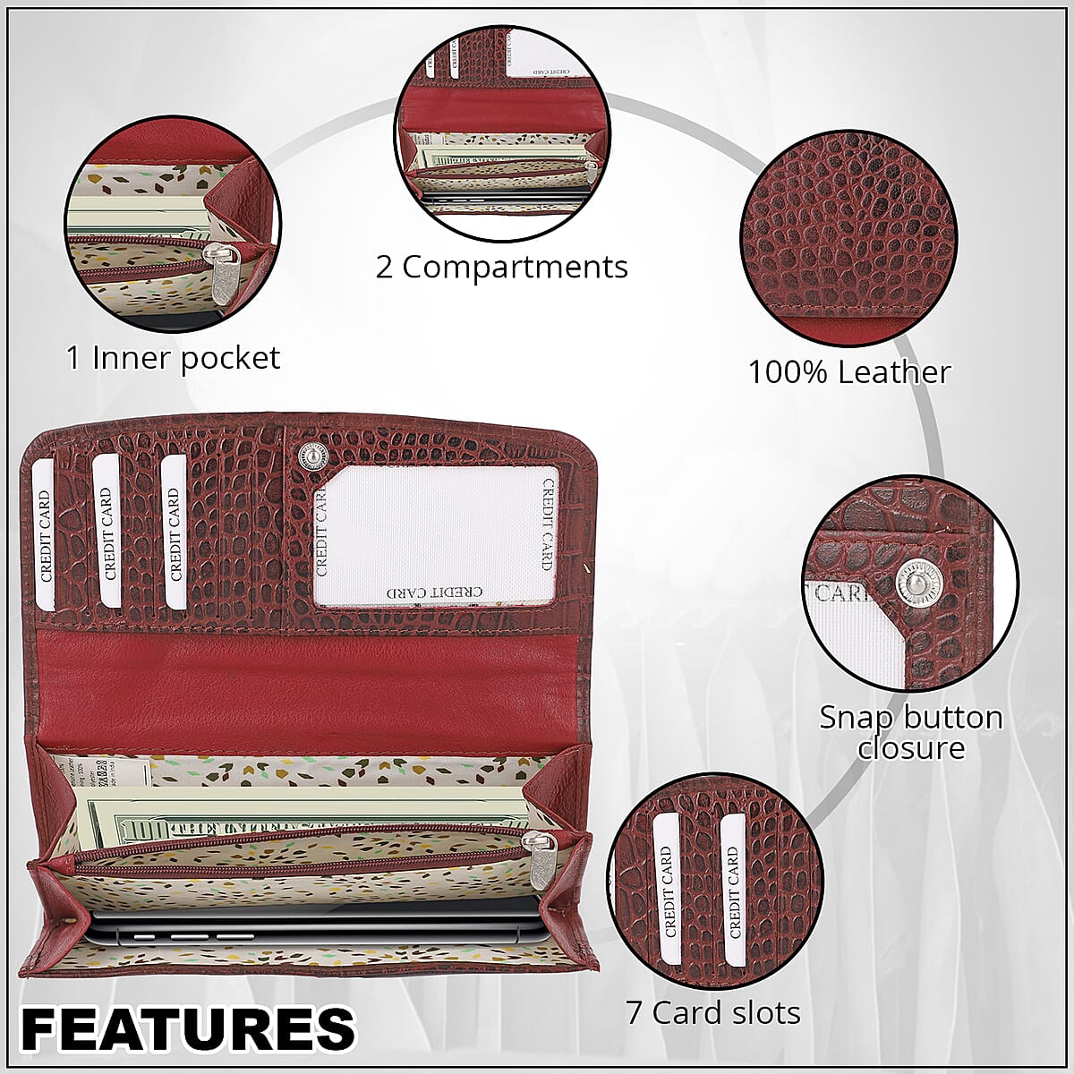 Buy Union Code Wine Croc Embossed Genuine Leather Wallet at ShopLC.