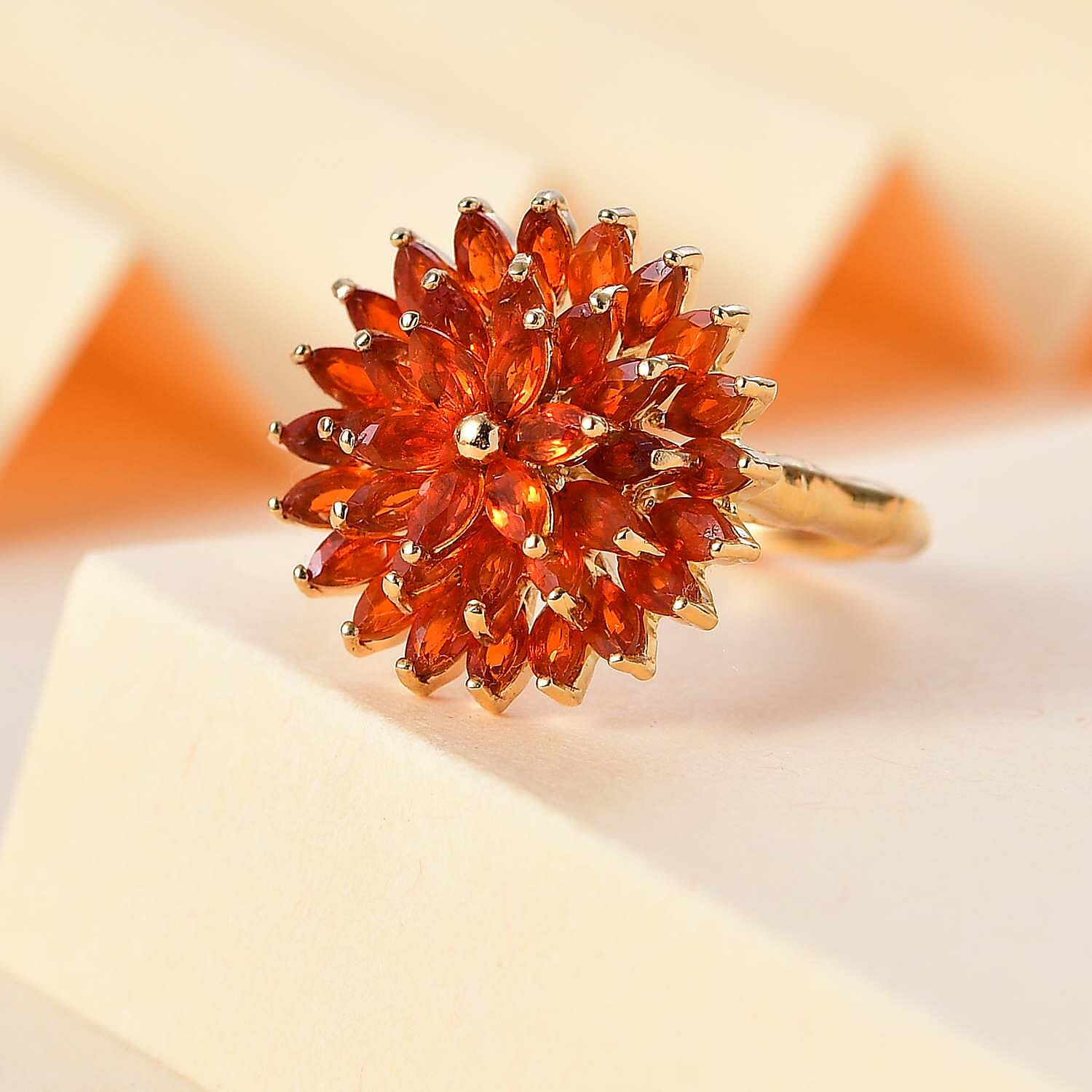Crimson Fire Opal Dahlia Flower Ring in 18K Vermeil YG Over Sterling Silver Size 10.0 2.20 CTW