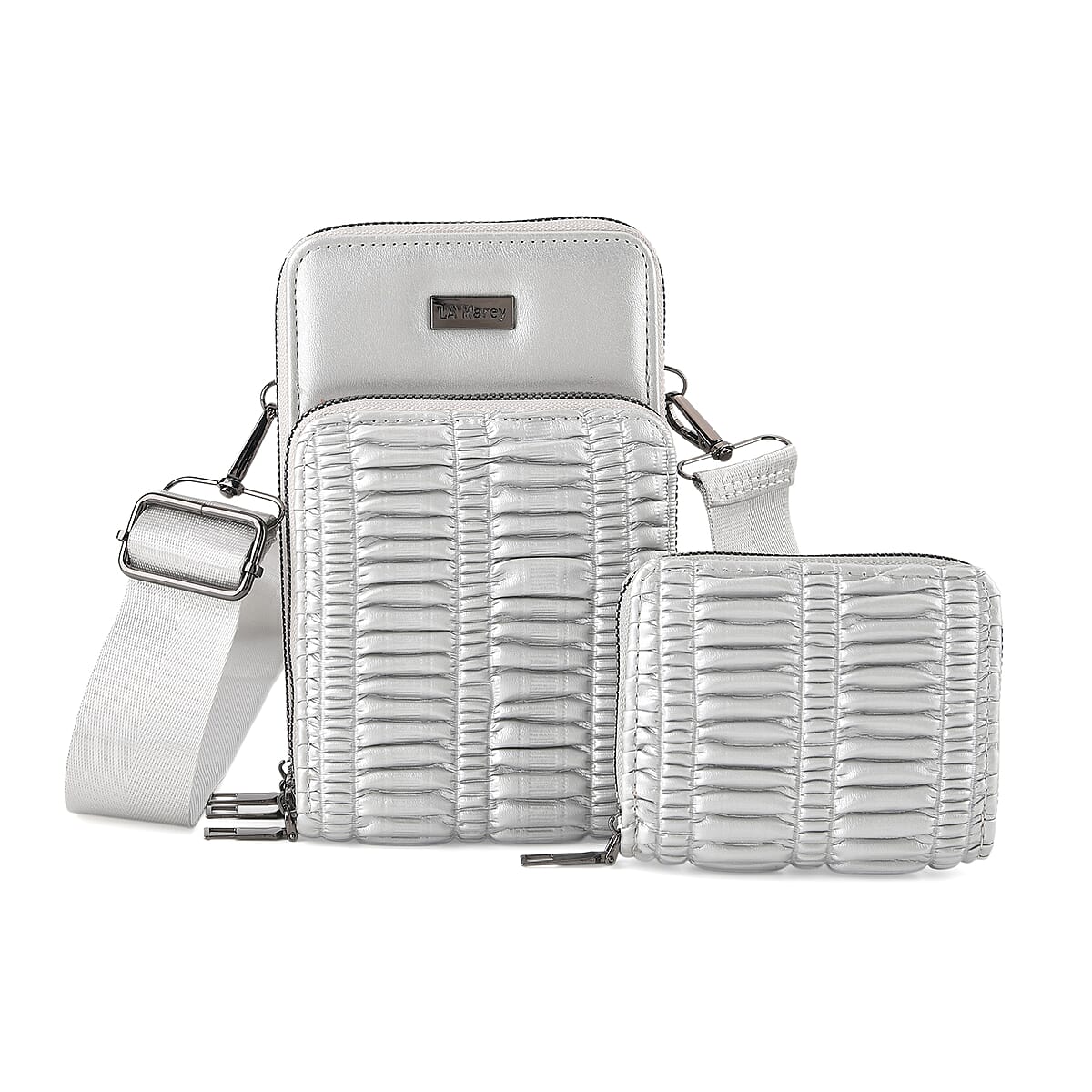 Buy La Marey Silver Pleated Faux Leather Square Phone Bag with Card Bag ...