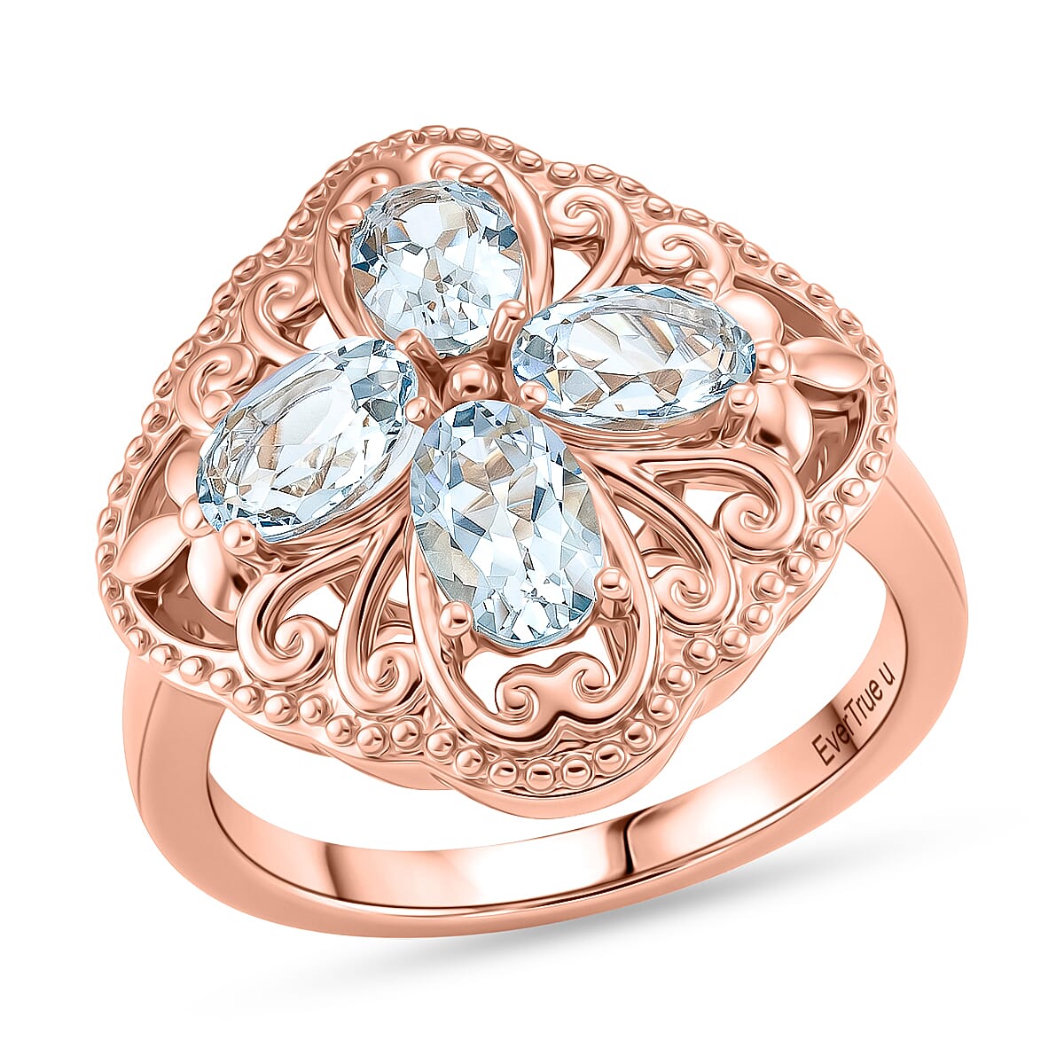 Buy EverTrue Sky Blue Topaz 2.35 ctw Royal Clover Ring in 14K RG Over ...