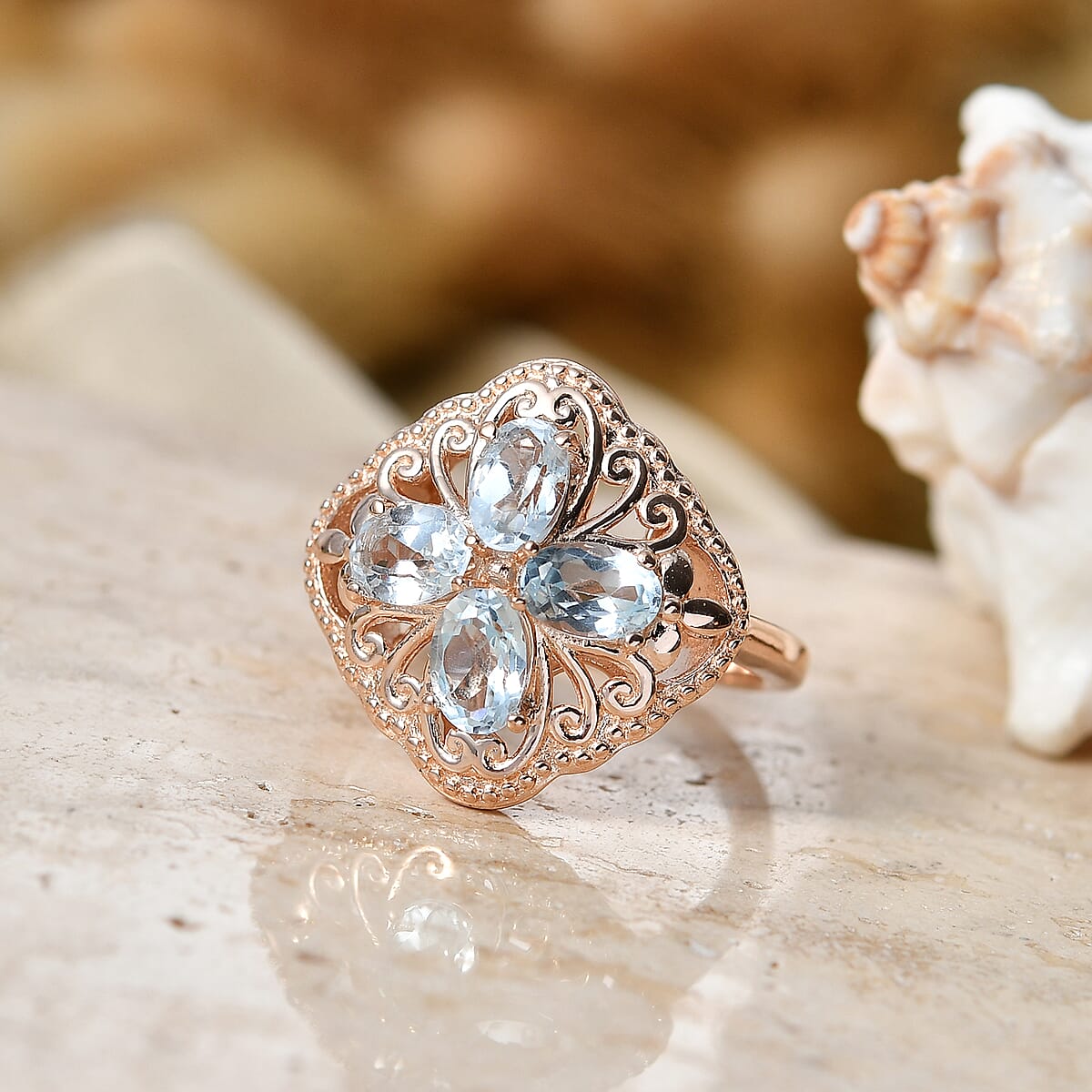 Buy EverTrue Sky Blue Topaz 2.35 ctw Royal Clover Ring in 14K RG Over ...