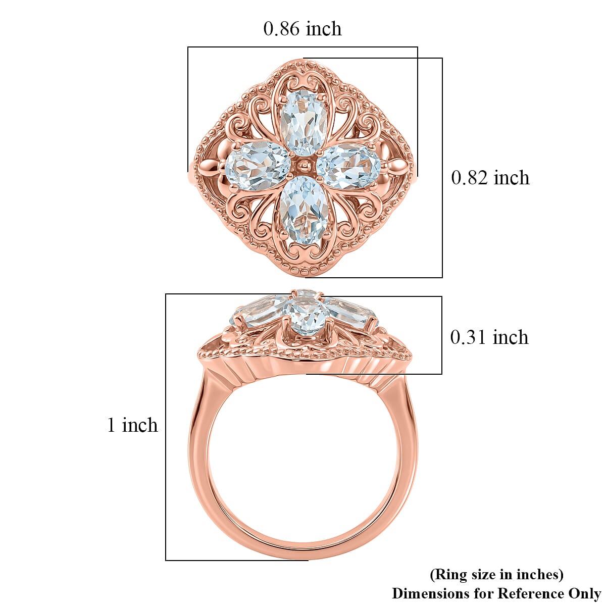 Buy EverTrue Sky Blue Topaz 2.35 ctw Royal Clover Ring in 14K RG Over ...