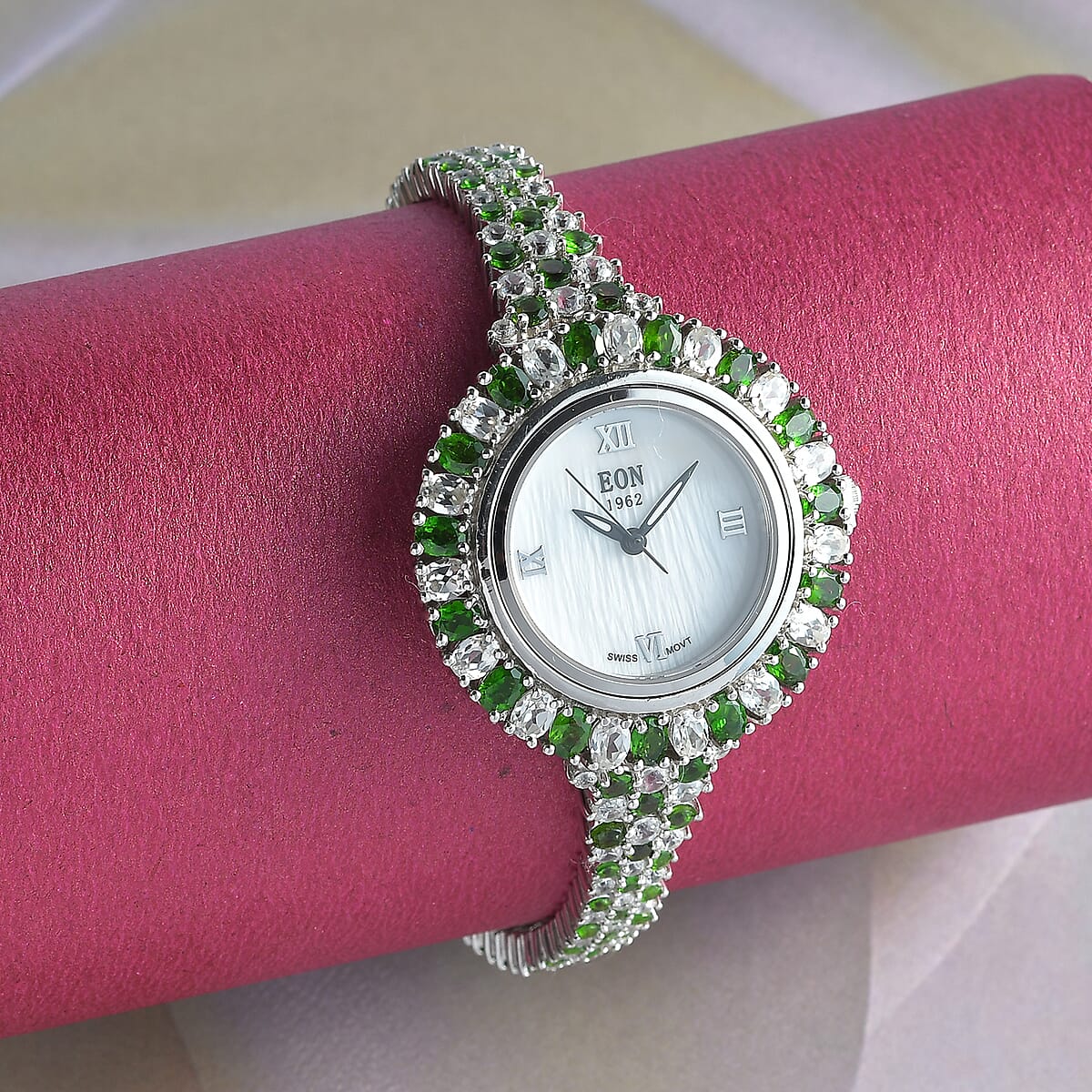 Buy Eon 1962 Swiss Movement Chrome Diopside and Zircon Bracelet MOP Dial Watch in Platinum Over ...