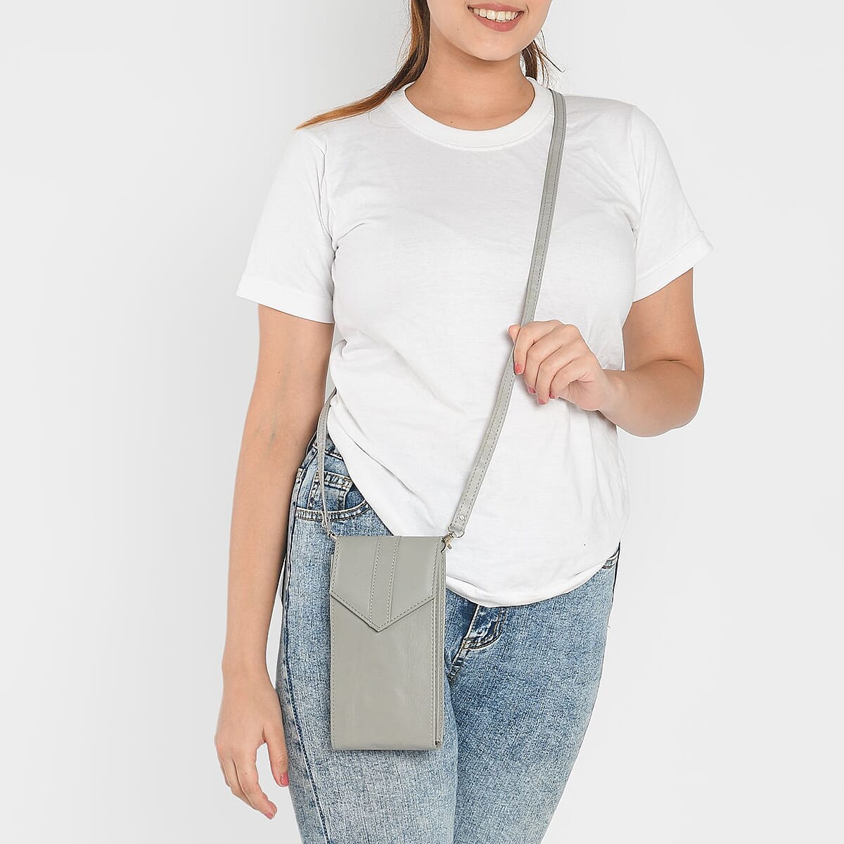 Buy Gray RFID Protected Genuine Leather Mobile Phone Crossbody Wallet ...