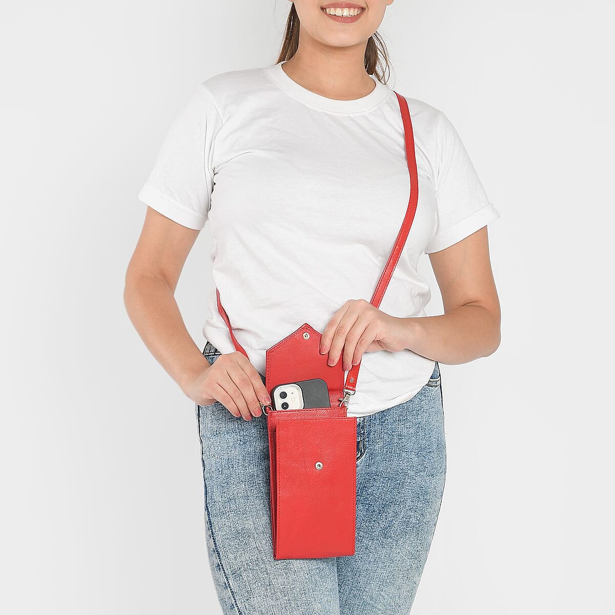 Buy Red RFID Protected Genuine Leather Mobile Phone Crossbody Wallet ...