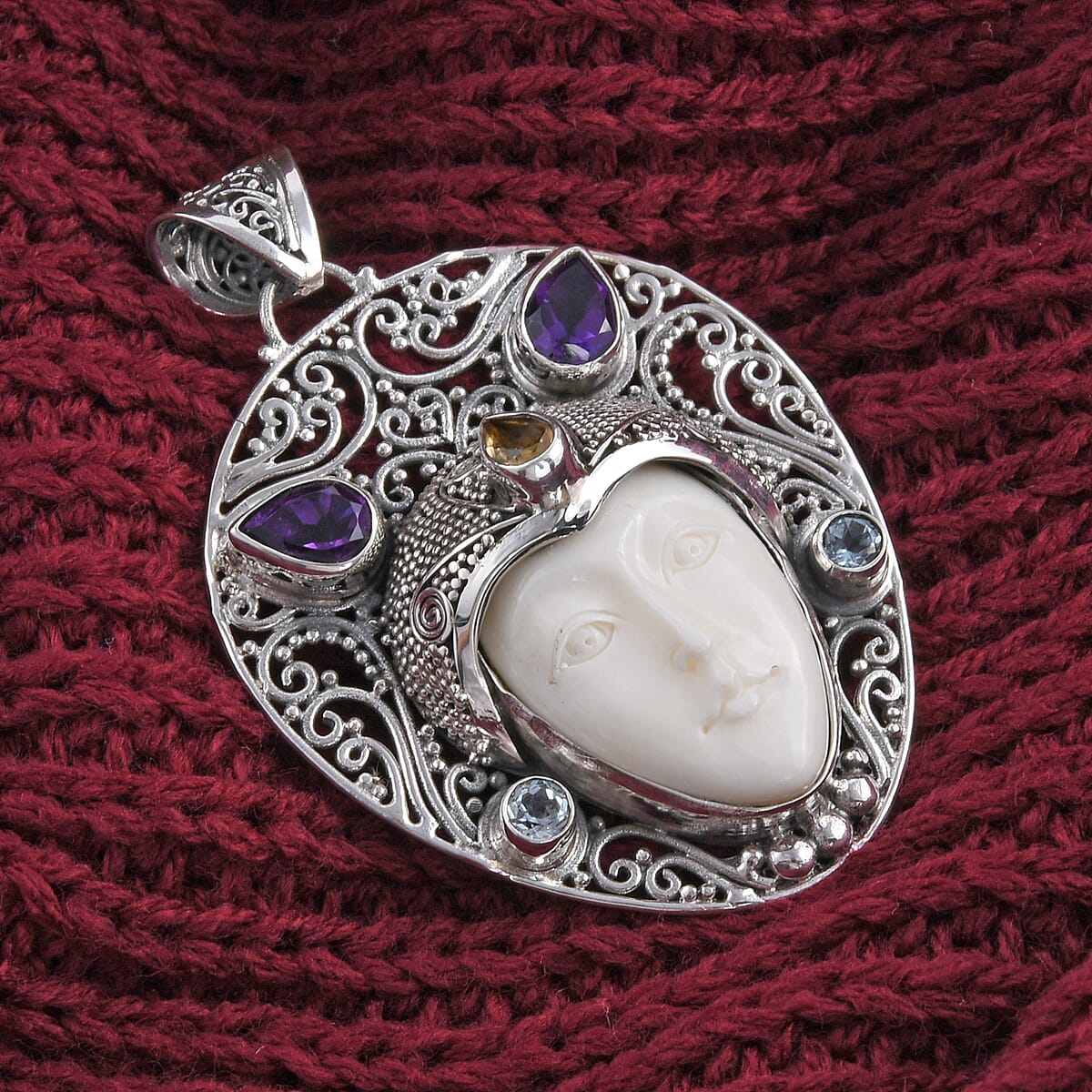 Buy Bali Goddess Carved Bone and Multi Gemstone Pendant in Sterling ...